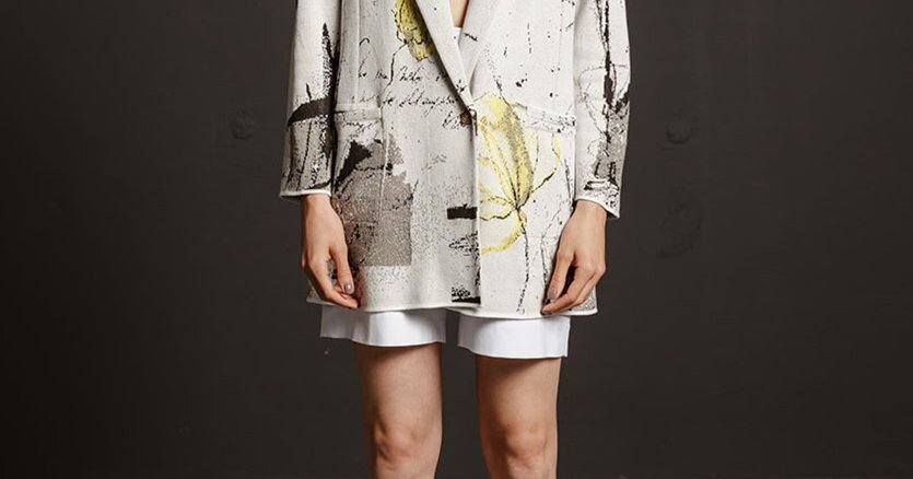 Jacquard Jacket, Letter Pattern - White - Outerwear - Ivko Woman