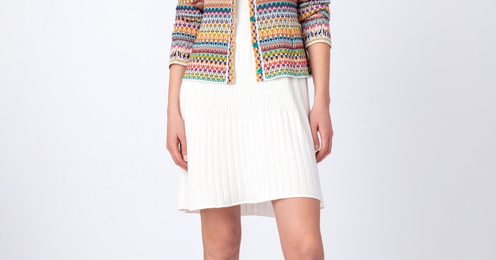 Jacquard Jacket, Stripe Pattern - White - Knitted Jackets - Ivko Woman