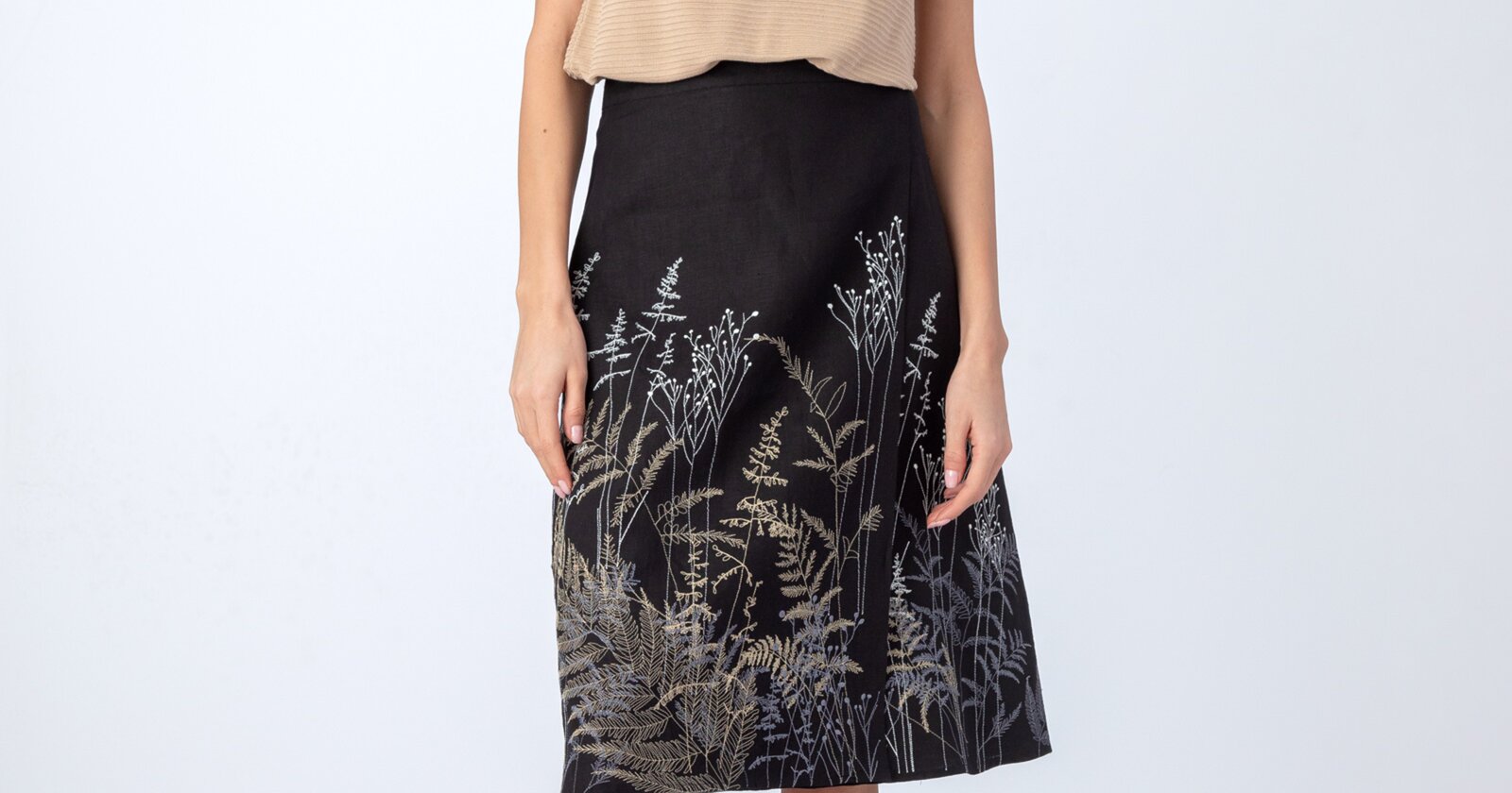 Linen Wrap Skirt with Embroidery, Shadow Pattern - Black - Skirts ...