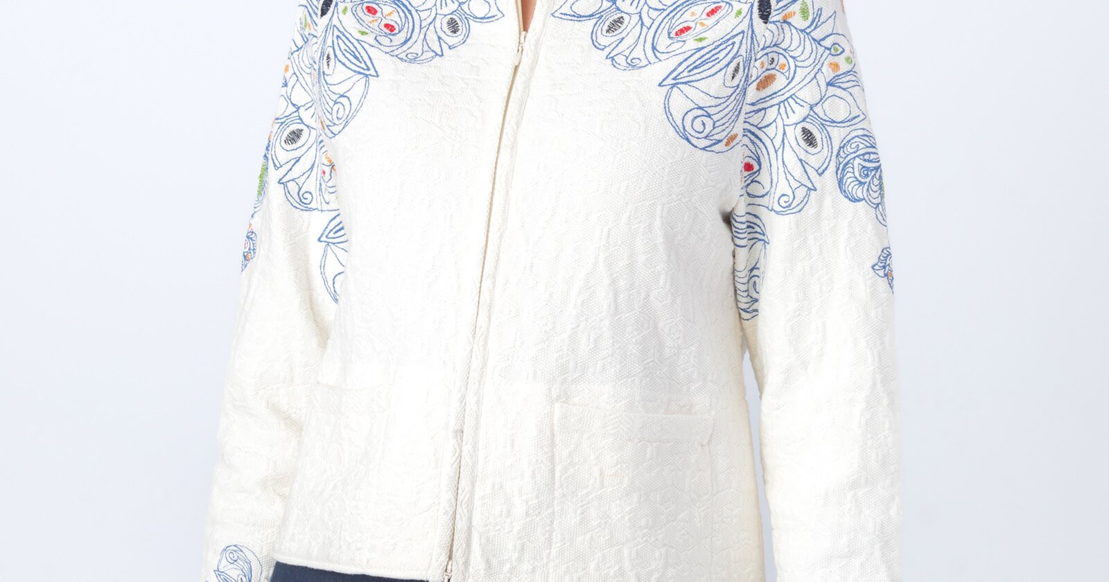 Embroidered Jacket, Neckless Pattern - Off-White - Knitted Jackets ...
