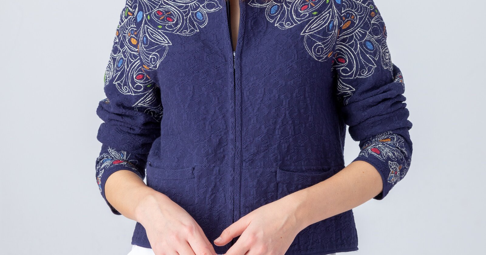Embroidered Jacket, Neckless Pattern - Navy - Knitted Jackets - Ivko Woman