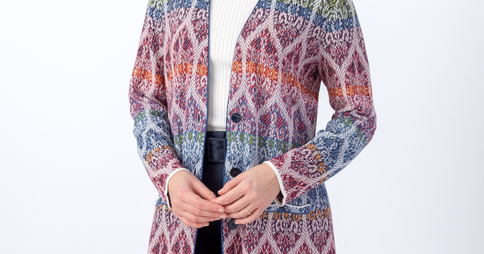 Jacquard Coatigan, Retro Pattern - Off-White - Coatigans - Ivko Woman