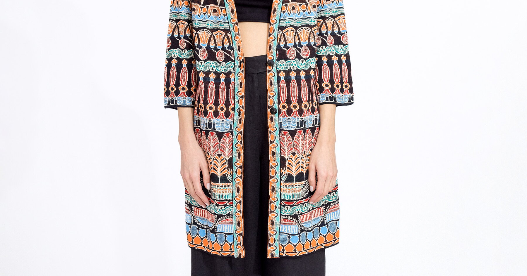 V Neck Cotigan, Papyrus Motif - Black - Coatigans - Ivko Woman