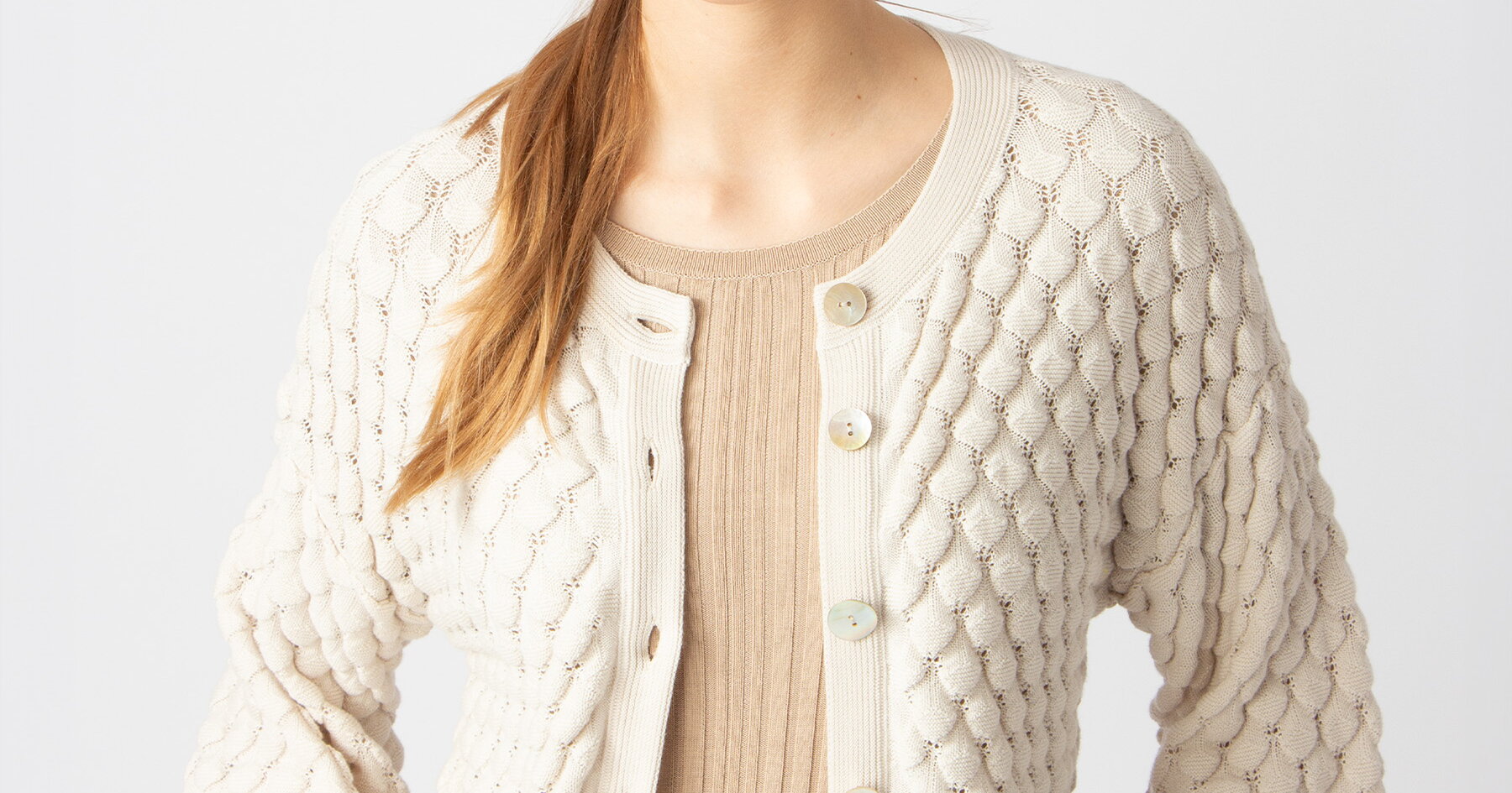 Solid Cardigan, Structure Pattern - Off-White - Cardigans - Ivko Woman