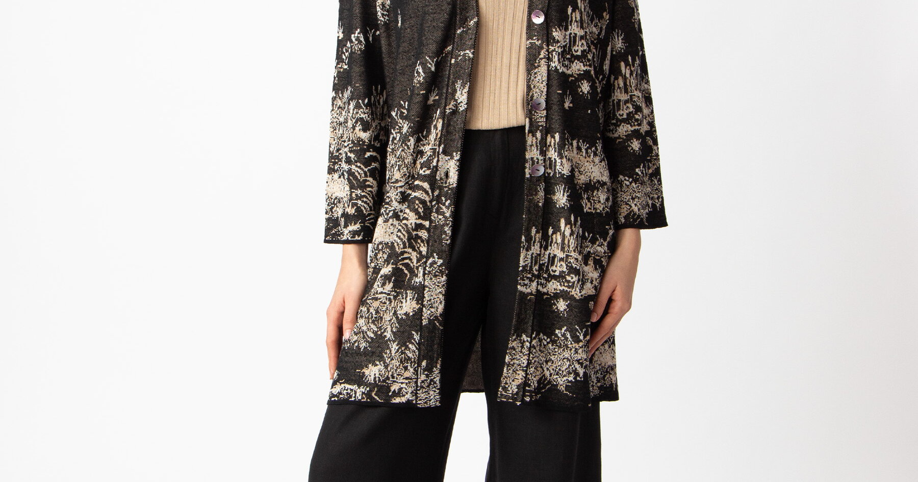 Long Cardigan, Garden Nostalgic Pattern - Black - Cardigans - Ivko Woman