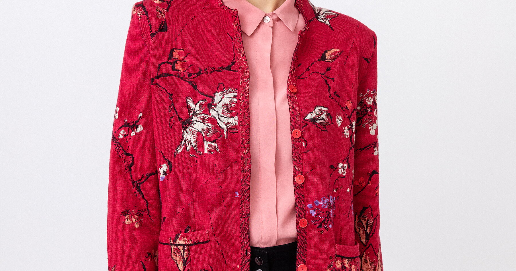 Jacquard Jacket, Cherry Blossom Pattern - Rosewood - Knitted Jackets ...